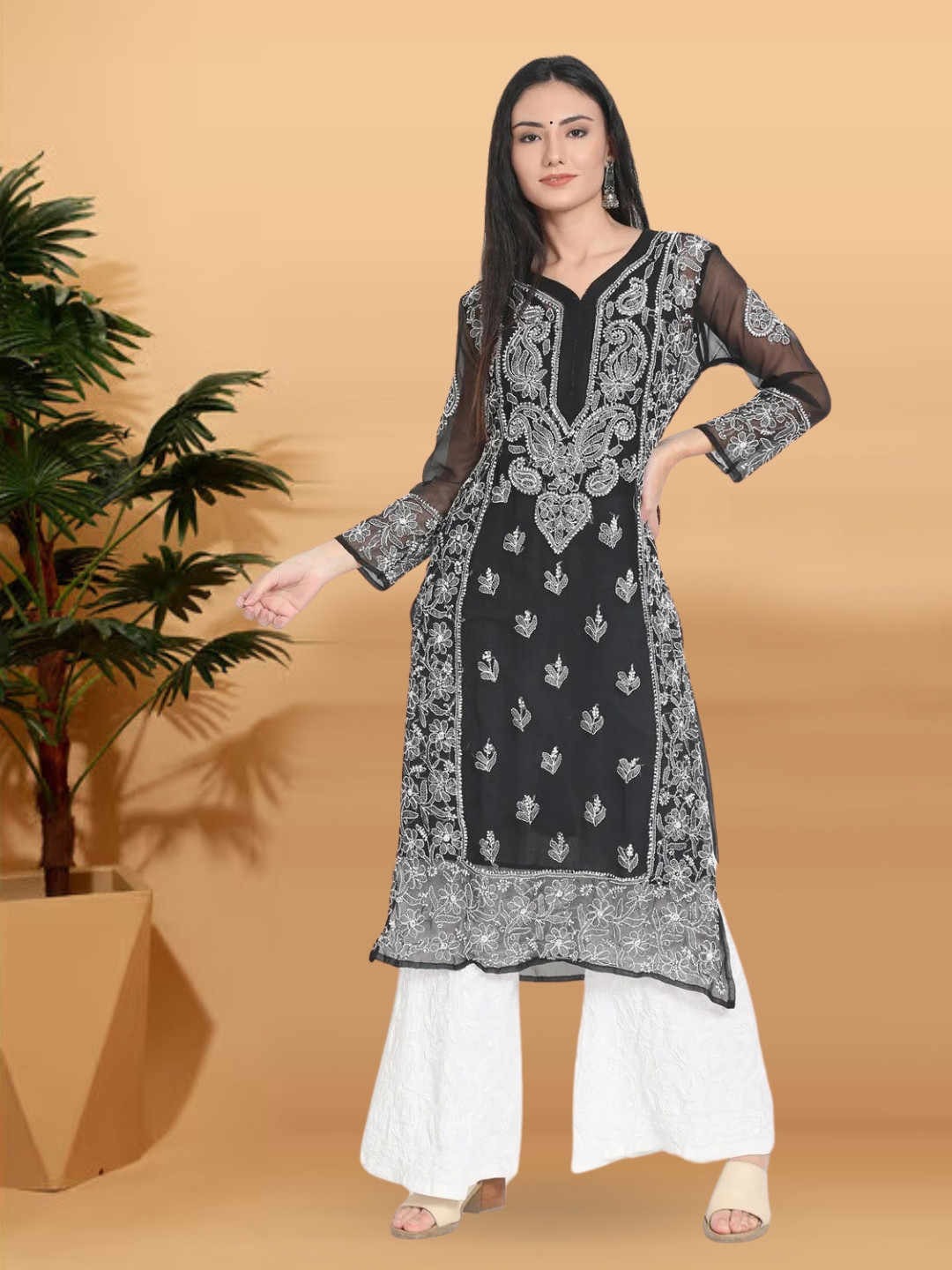 Buy PARAMOUNT CHIKAN Woman Black Chikankari Georgette Kurta - Kurtas ...