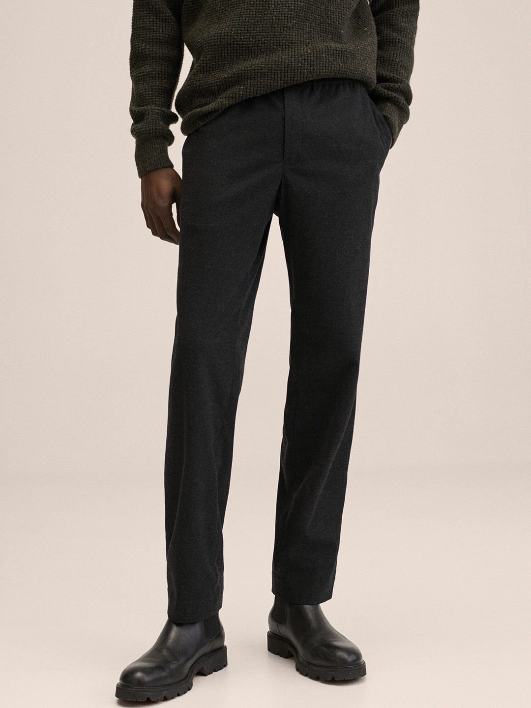 Buy MANGO MAN Men Charcoal Black Straight Fit Pleated Trousers ...