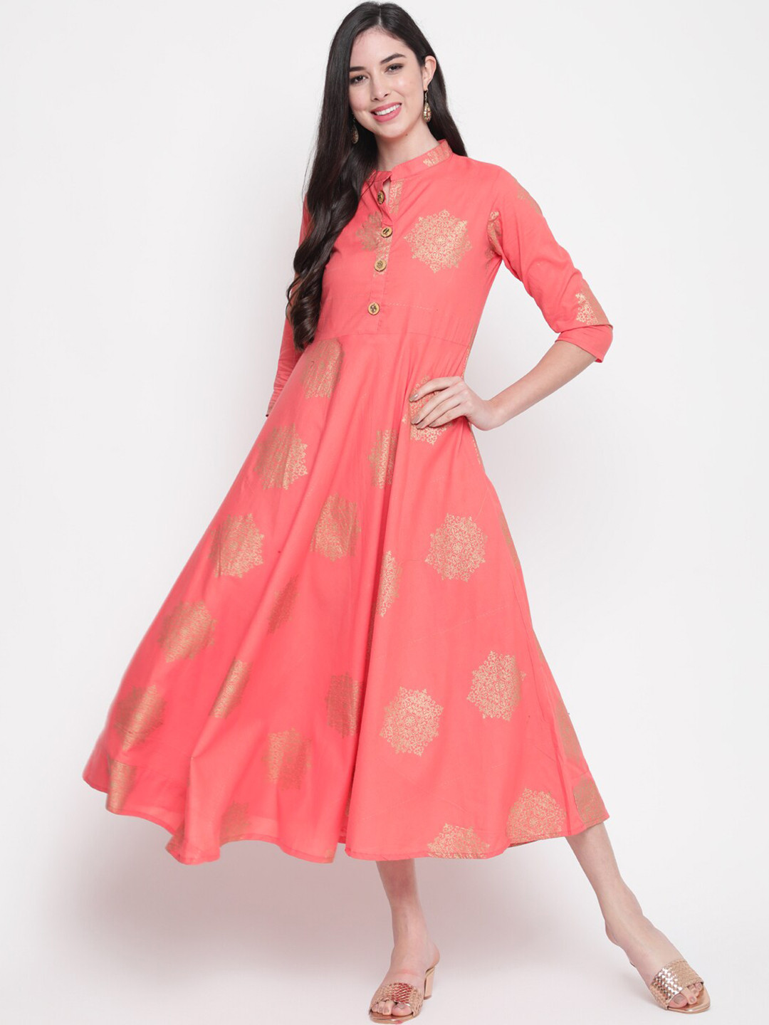 Buy GLAM ROOTS Peach Coloured Ethnic Motifs A Line Midi Dress - Ethnic ...