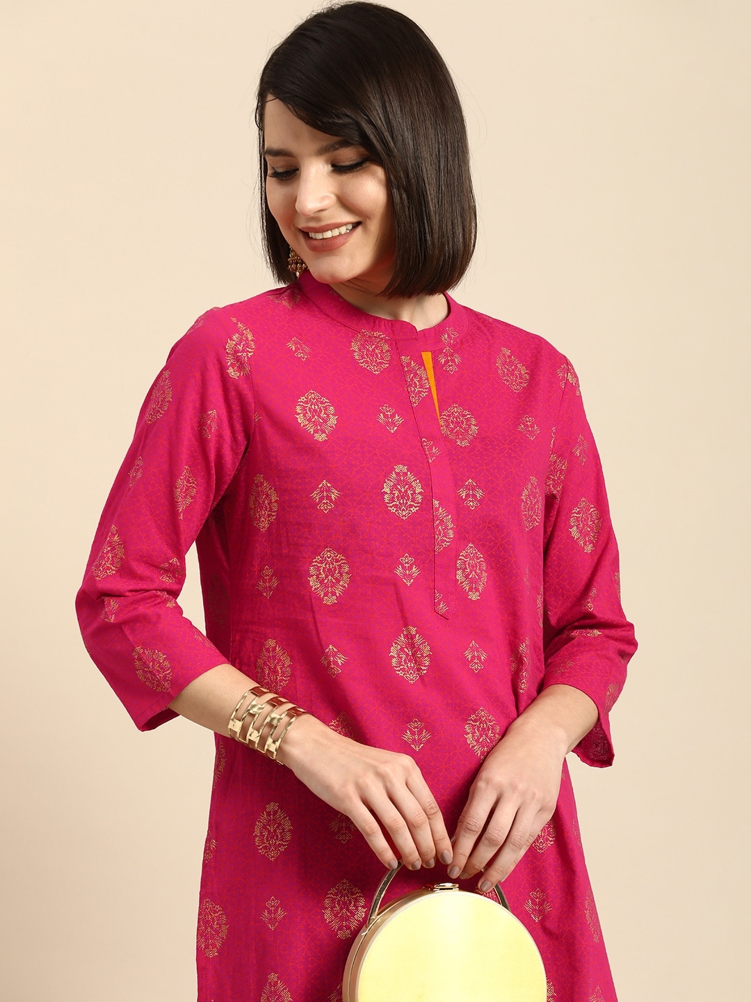 Buy Anouk Women Pink And Gold Toned Ethnic Motifs Printed Indie Prints