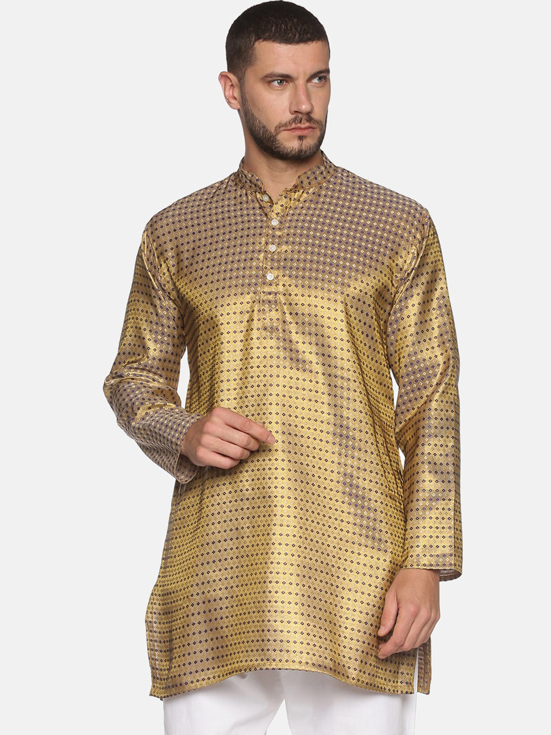 Buy Sethukrishna Men Gold Toned & Blue Geometric Printed Kurta - Kurtas ...