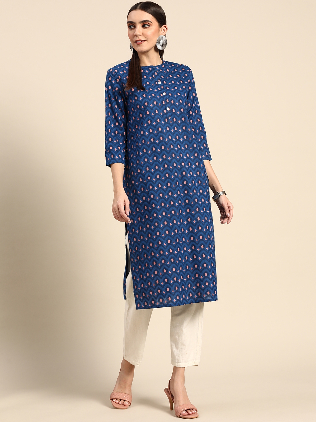 Buy Anouk Women Navy Blue And Pink Pure Cotton Ethnic Motifs Printed