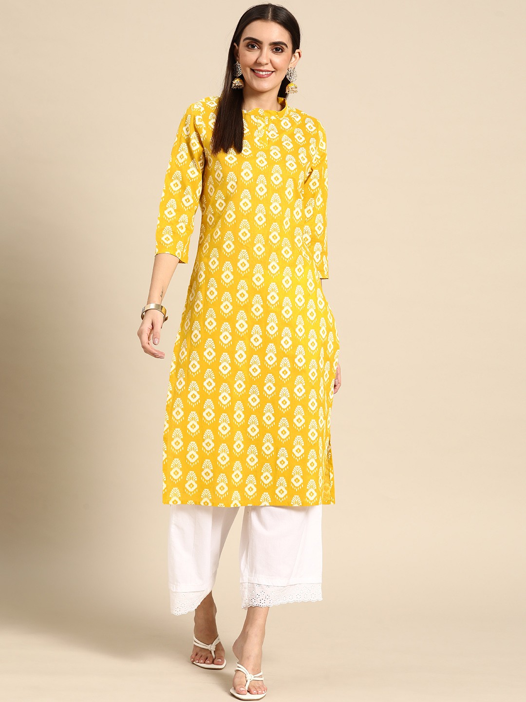 Buy Anouk Women Mustard Yellow And Off White Pure Cotton Ethnic Motifs