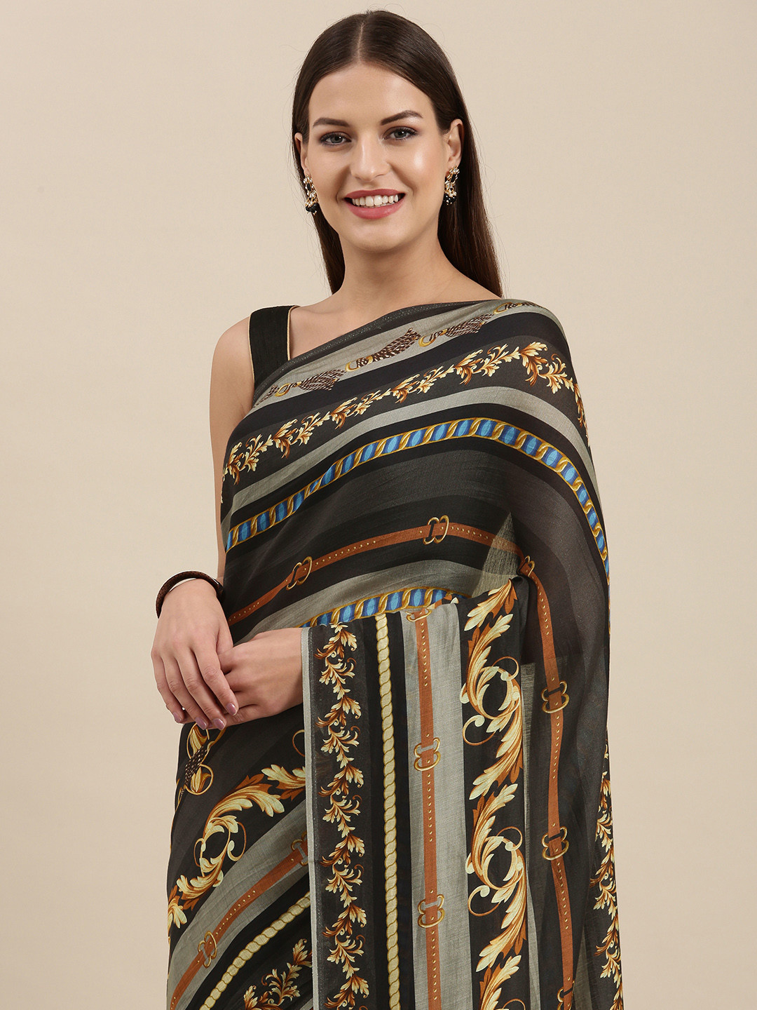 Buy Navyasa By Liva Black & Beige Striped Liva Organza Saree - Sarees ...