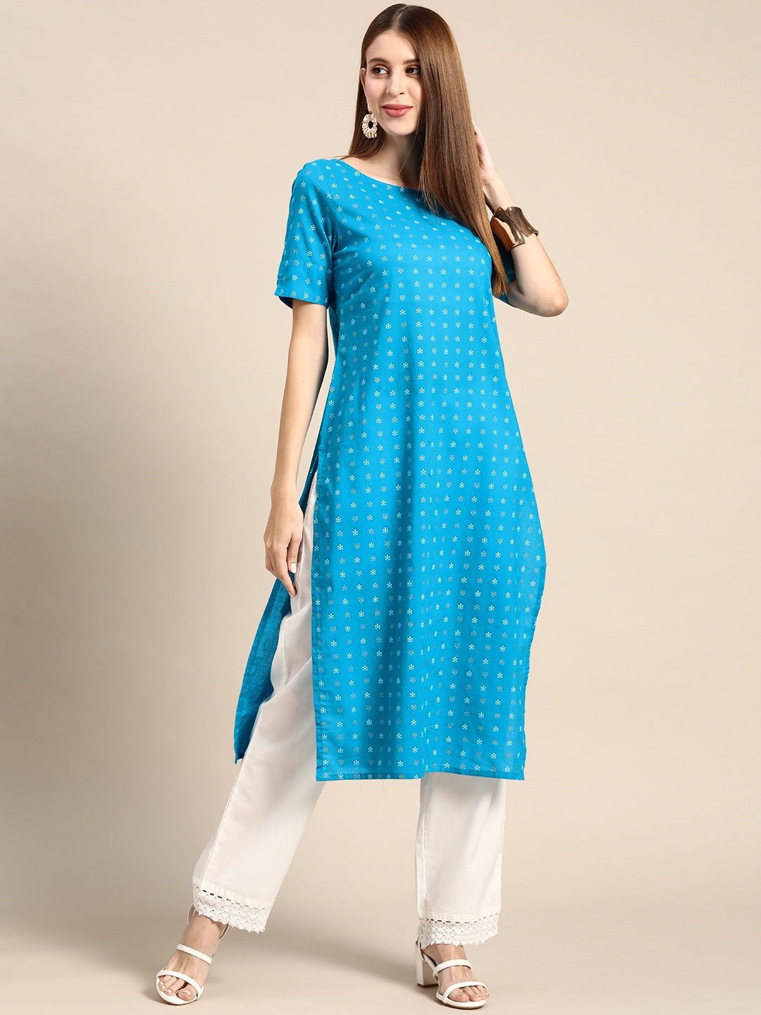 Buy Anouk Women Blue And White Pure Cotton Ethnic Motifs Printed Kurta