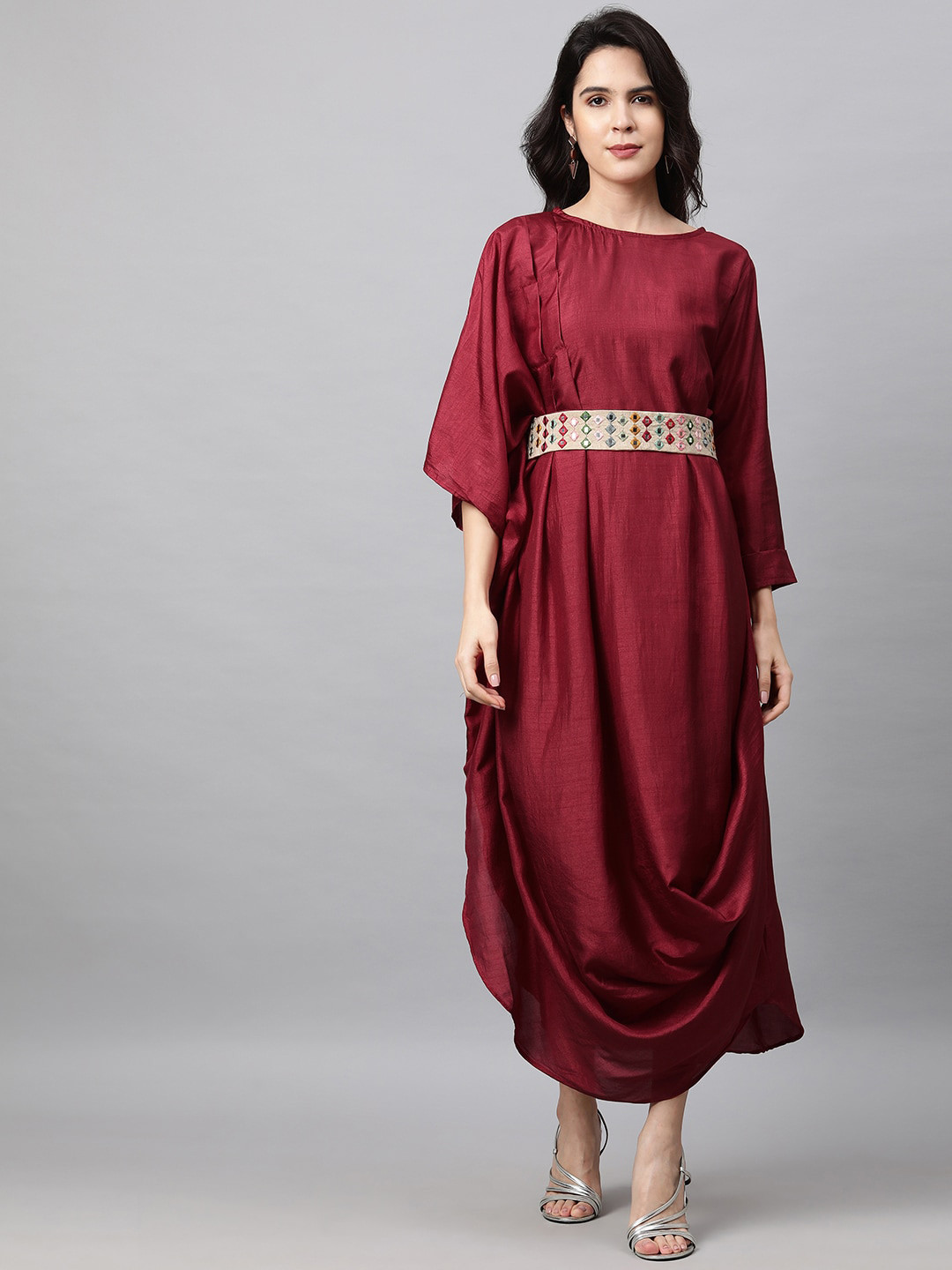 Buy FASHOR Woman Maroon Maxi Dress With Belt - Dresses for Women ...