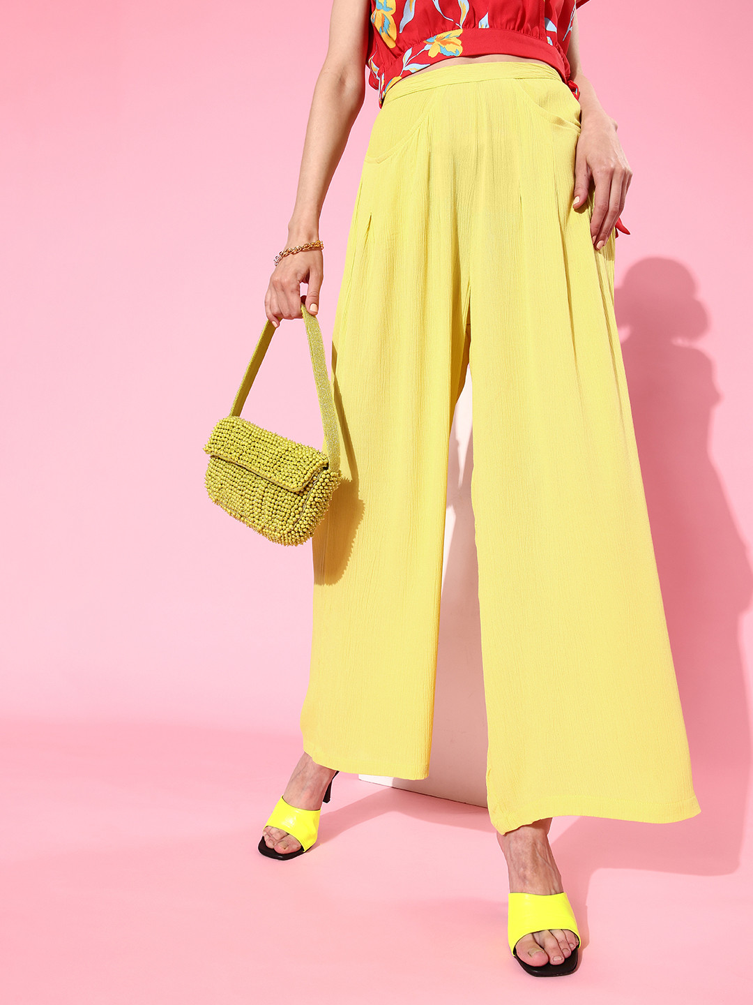 Buy DressBerry Women Bright Yellow Solid Wide Leg Bottom Trousers ...