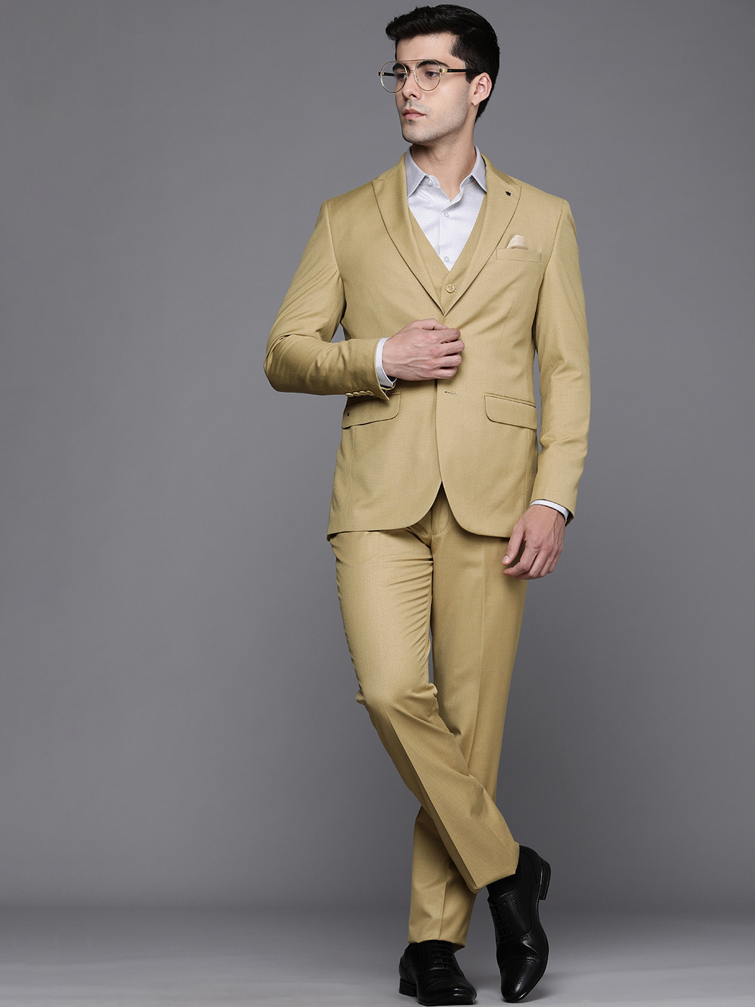 Buy Louis Philippe Men Beige Self Design Slim Fit Single Breasted Three ...