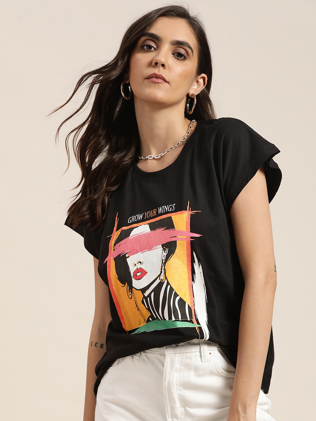 Buy Moda Rapido Women Black Printed Extended Sleeves Pure Cotton T ...