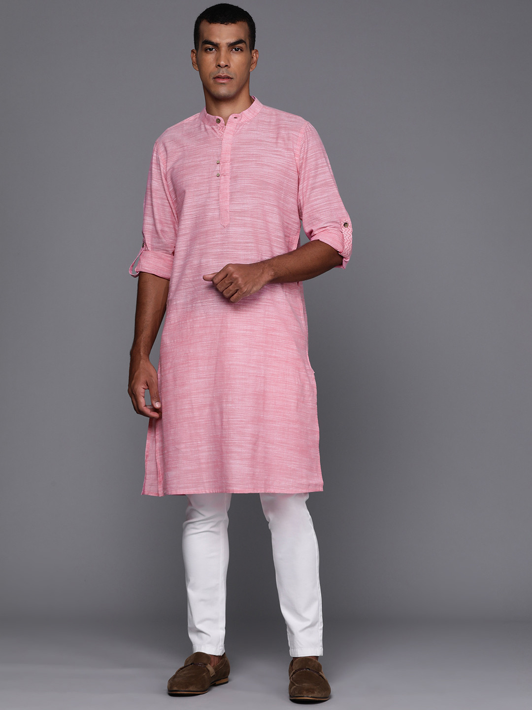 Buy Fabindia Men Pink Pure Cotton Slub Effect Slim Fit Solid Straight ...