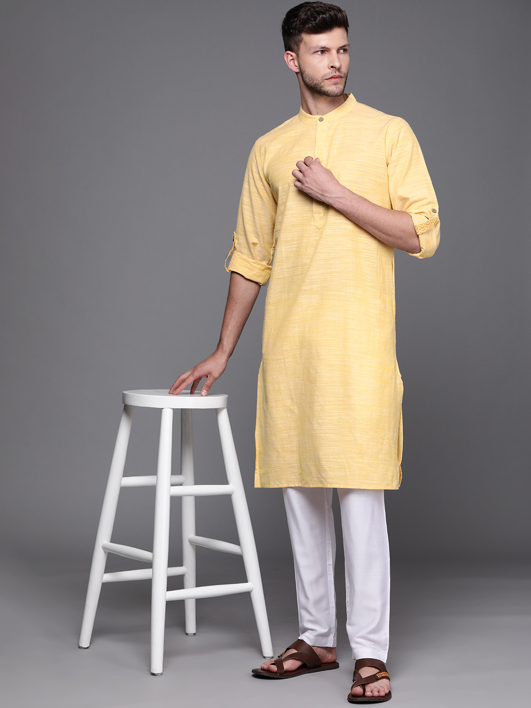 Buy Fabindia Men Yellow Slub Effect Pure Cotton Kurta - Kurtas for Men ...