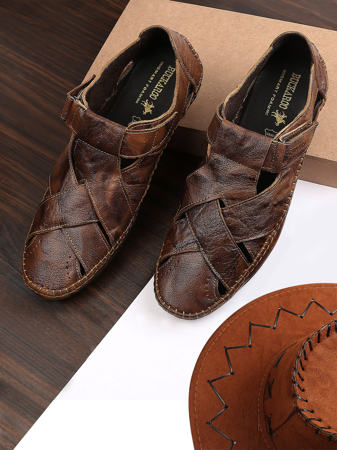 Buy Buckaroo Men Coffee Brown Basket Woven Leather Shoe Style Sandals ...