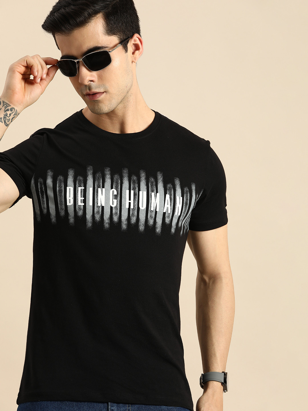 Buy Being Human Men Black & White Typography Printed Pure Cotton T ...