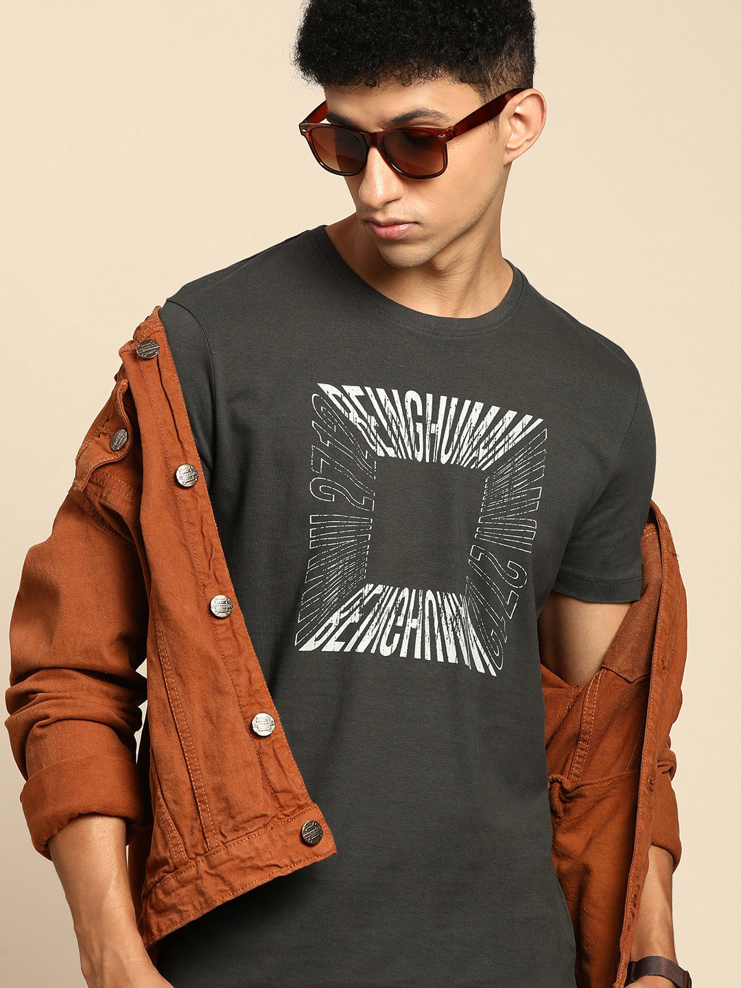 Buy Being Human Men Charcoal Printed Pure Cotton Casual T Shirt ...