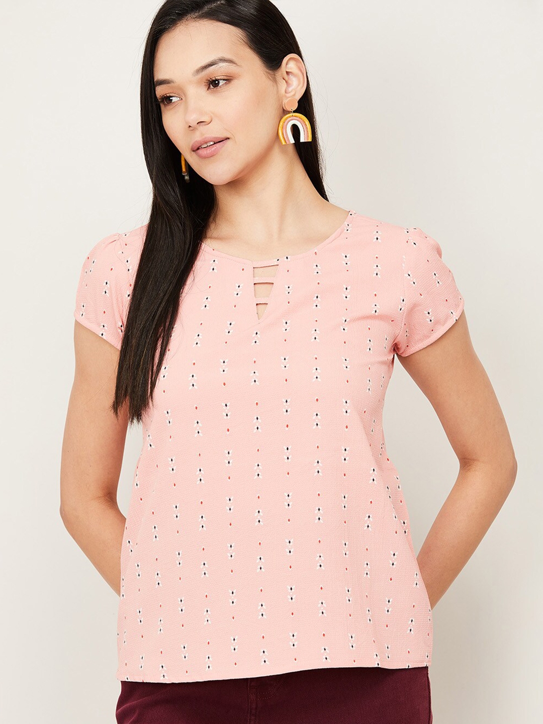 Buy Fame Forever By Lifestyle Coral Print Keyhole Neck Top Tops For