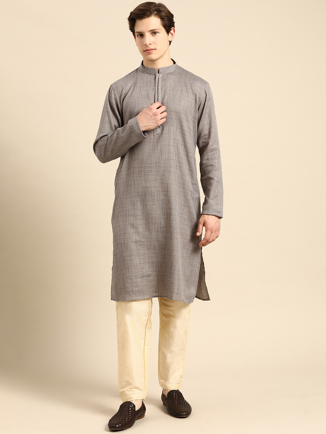 Buy Anouk Men Grey & Cream Woven Design Kurta Set - Kurta Sets for Men ...