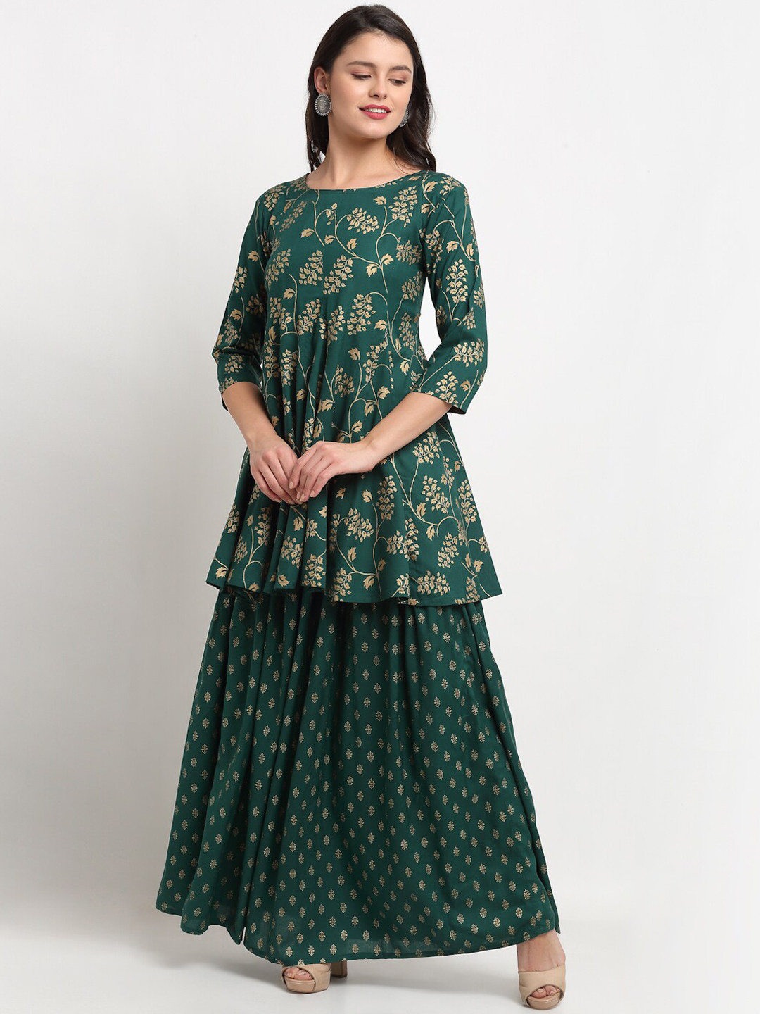 Buy The Mini NEEDLE Women Green Floral Printed Kurti With Skirt - Kurta ...