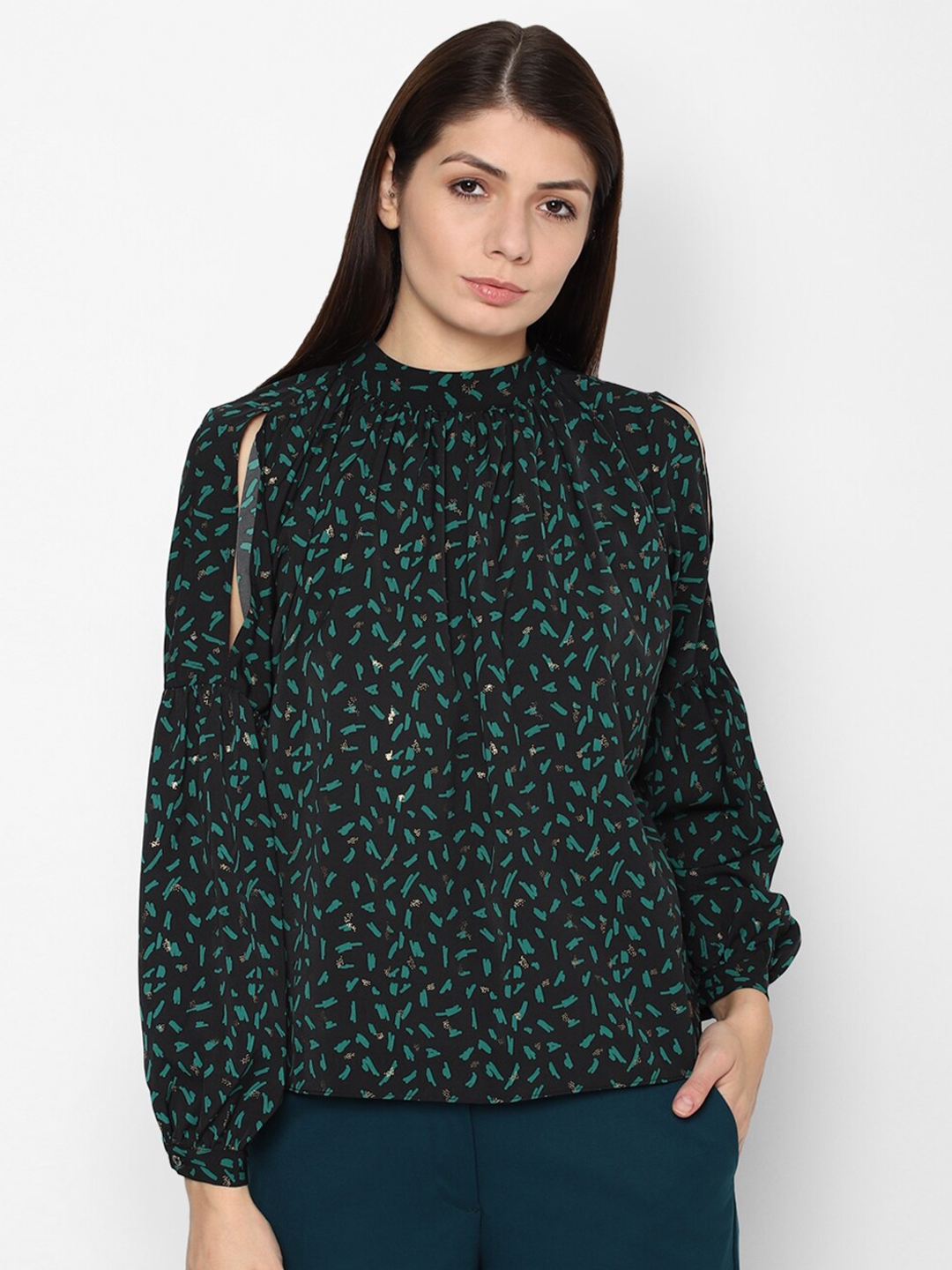 Buy Allen Solly Woman Green Print Mandarin Collar Top Tops For Women