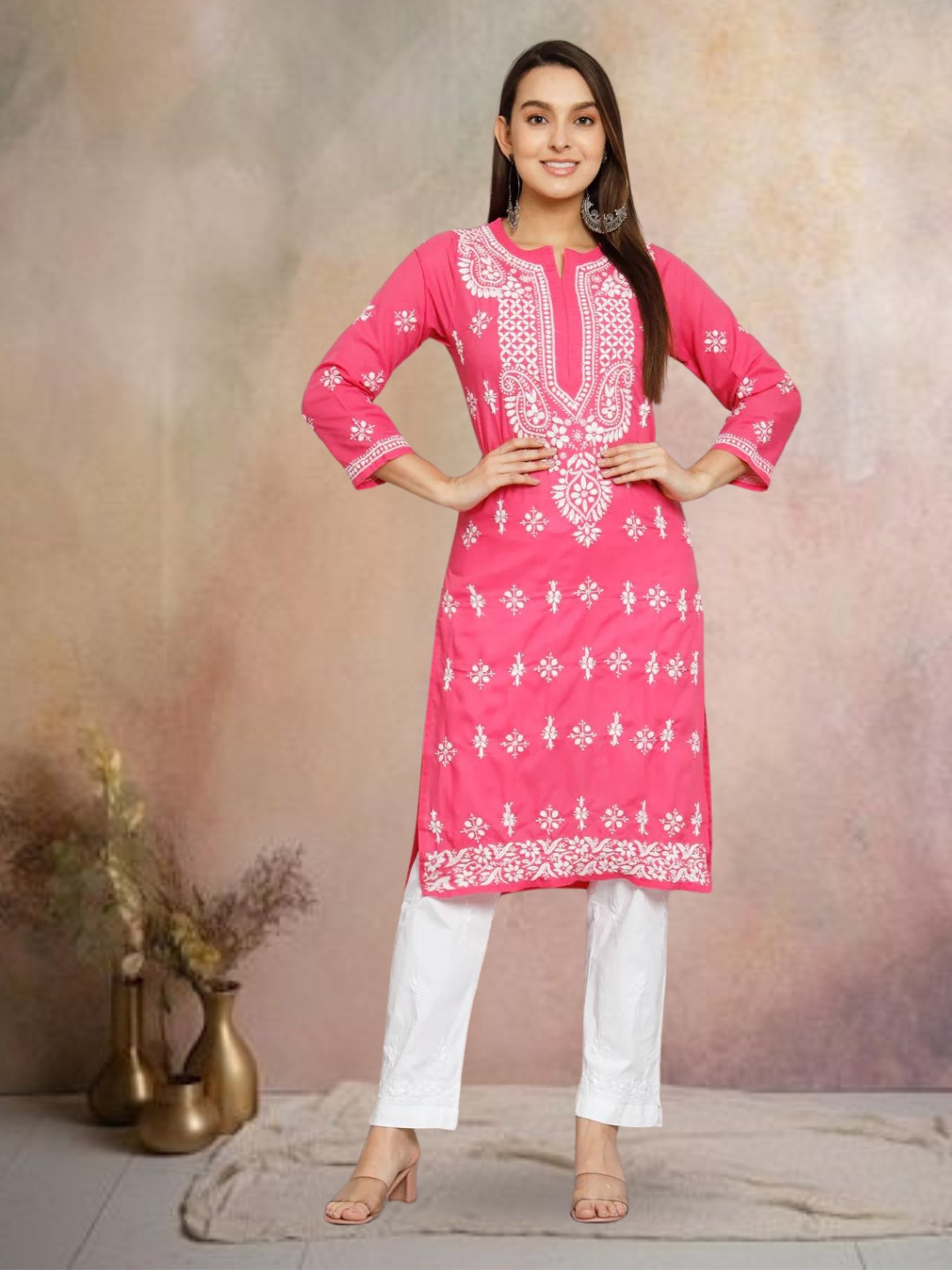 Buy PARAMOUNT CHIKAN Women Pink & White Ethnic Motifs Cotton Chikankari ...