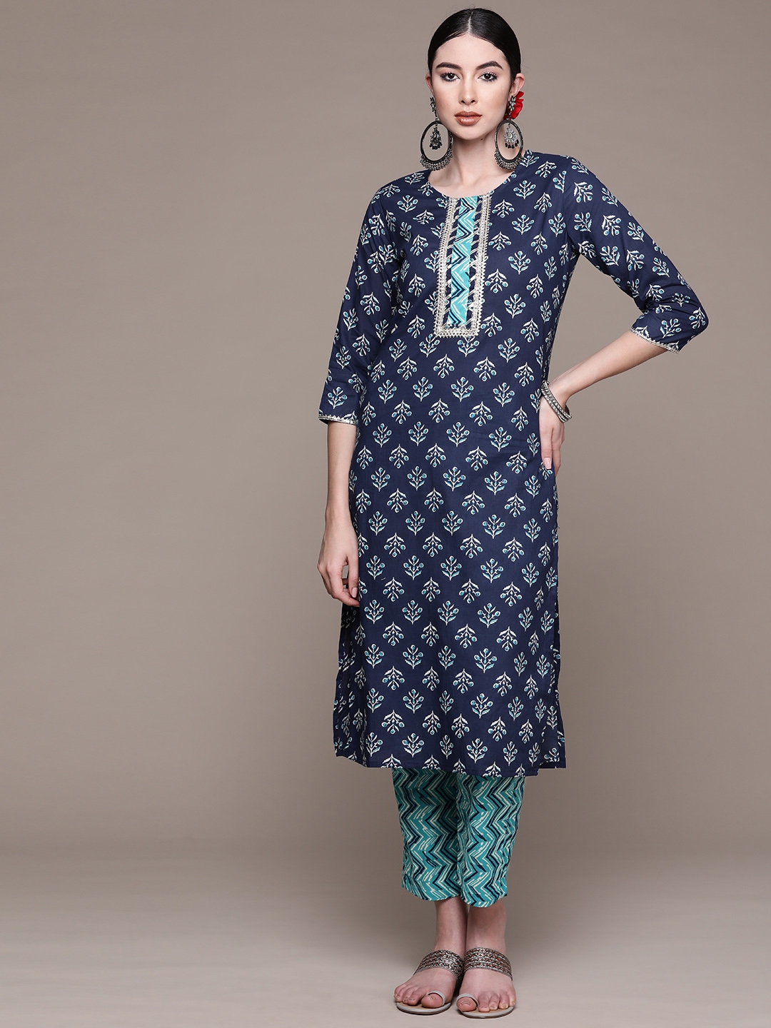 Buy Anubhutee Women Blue Ethnic Motifs Printed Pure Cotton Kurta With