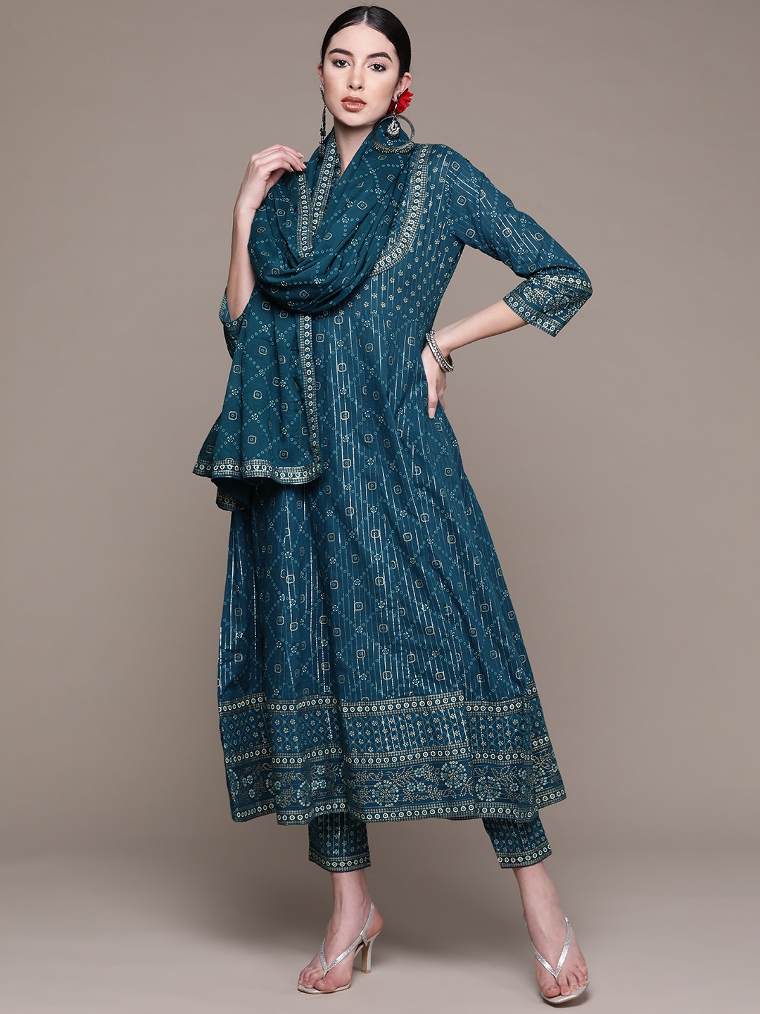 Buy Anubhutee Women Teal Ethnic Motifs Printed Mirror Work Pure Cotton