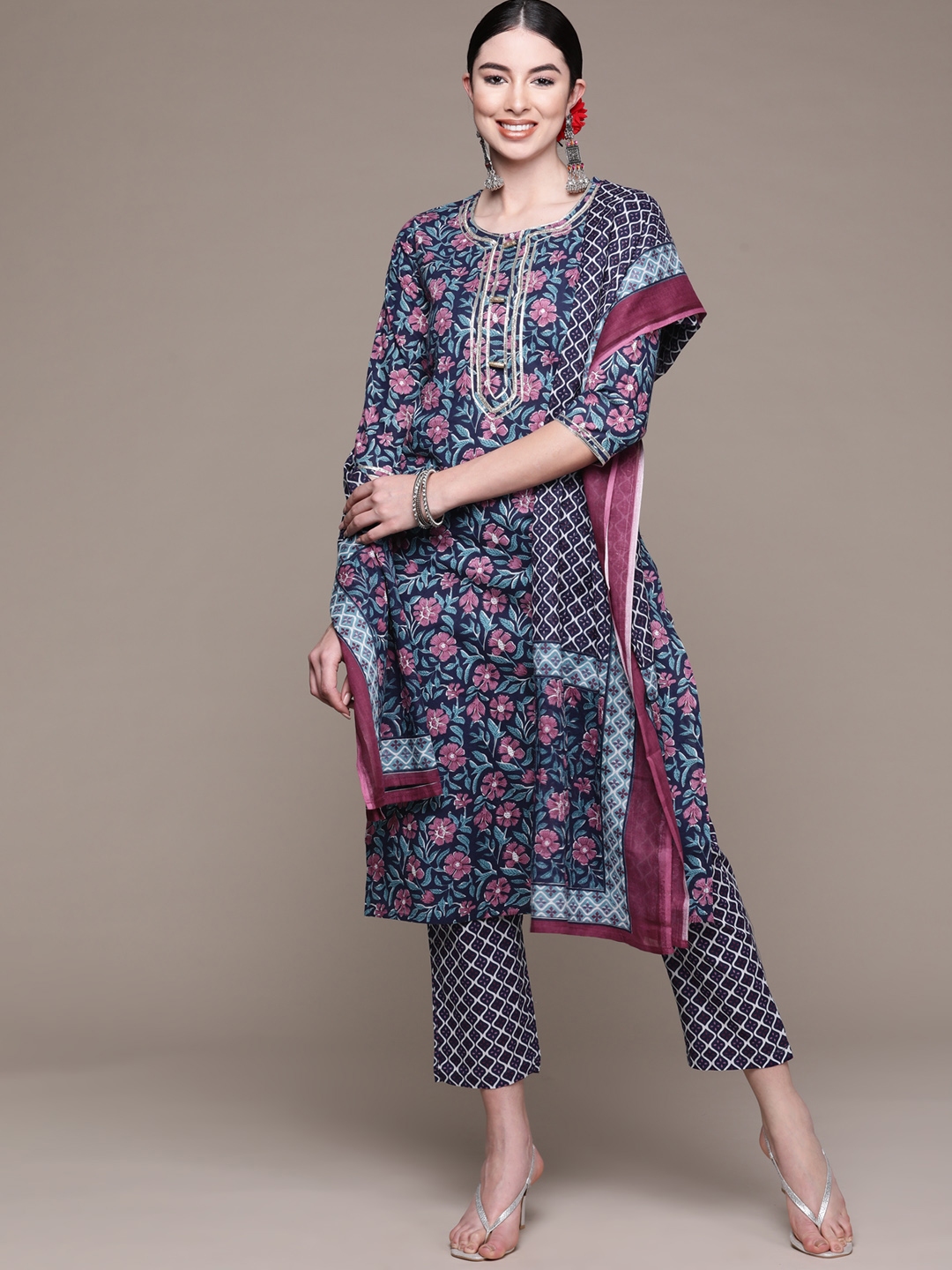 Buy Anubhutee Women Blue Ethnic Motifs Printed Pure Cotton Kurta With