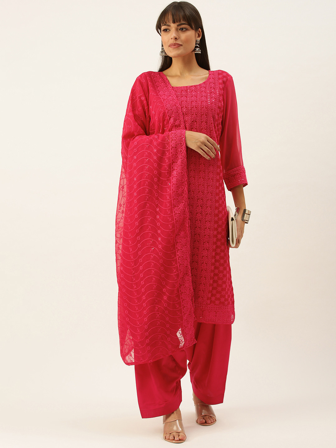 Buy SWAGG INDIA Fuchsia Ethnic Motif Embroidered Unstitched Dress ...