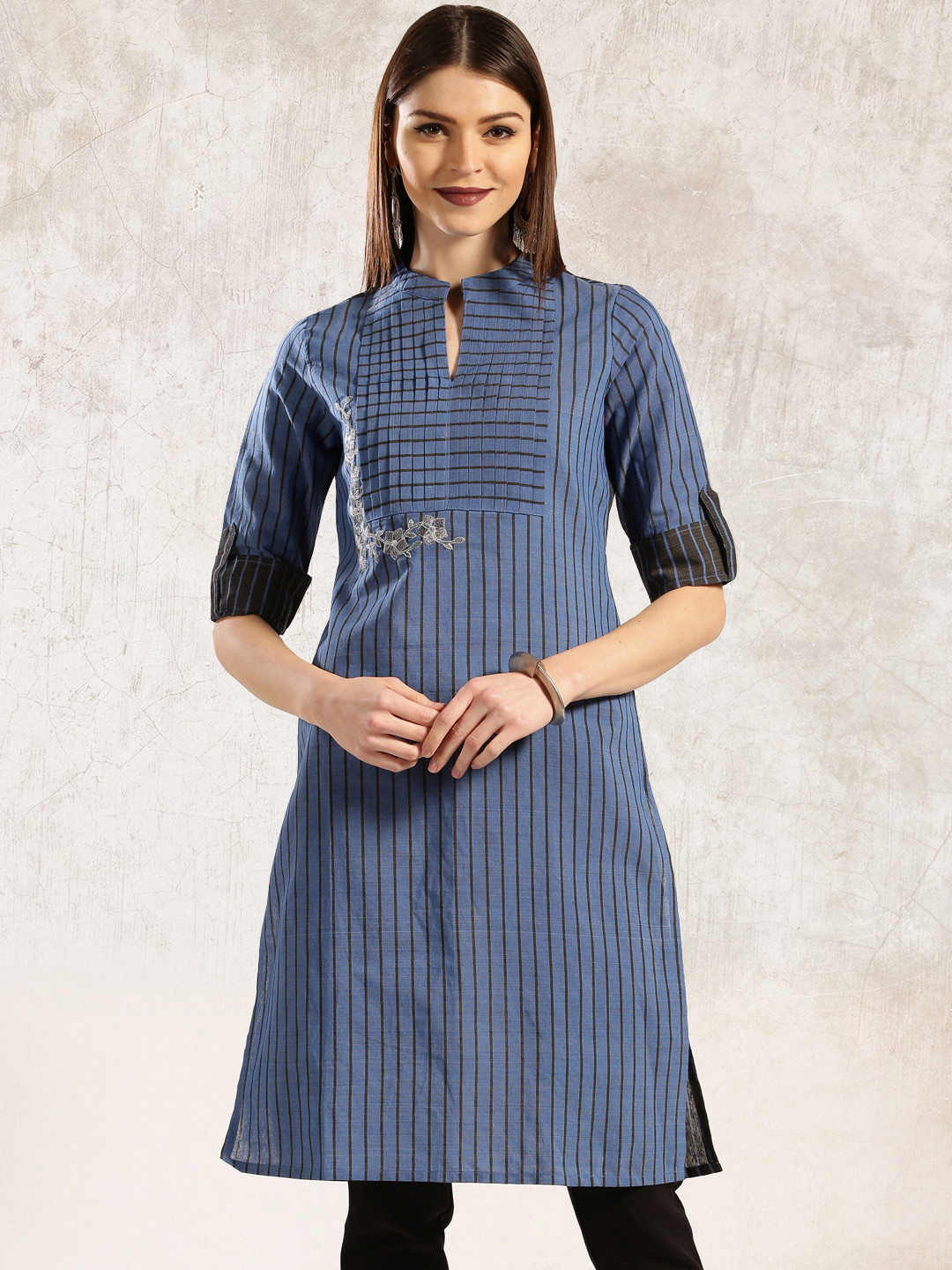 Buy Anouk Women Blue & Black Striped Straight Kurta - Kurtas for Women ...