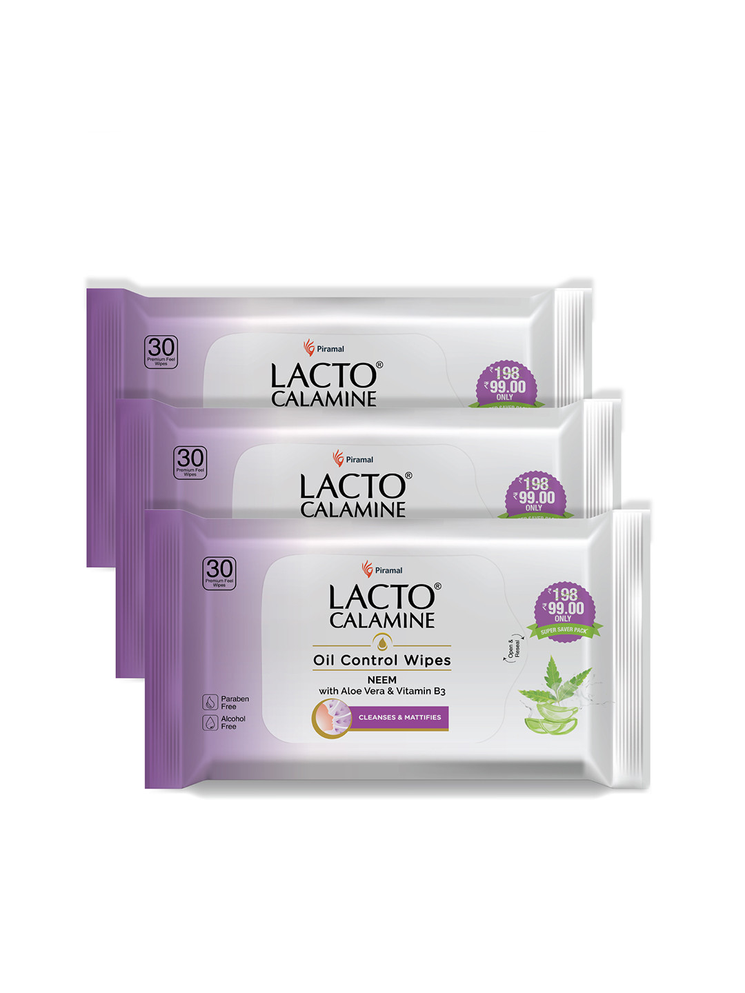 Buy Lacto Calamine Set Of 3 Oil Control Wipes With Neem & Aloe Vera 30 ...