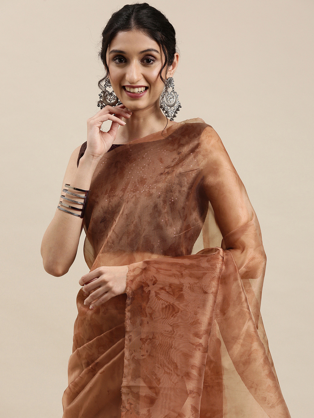 Buy Saree Mall Rust Brown Printed Organza Sarees - Sarees for Women ...