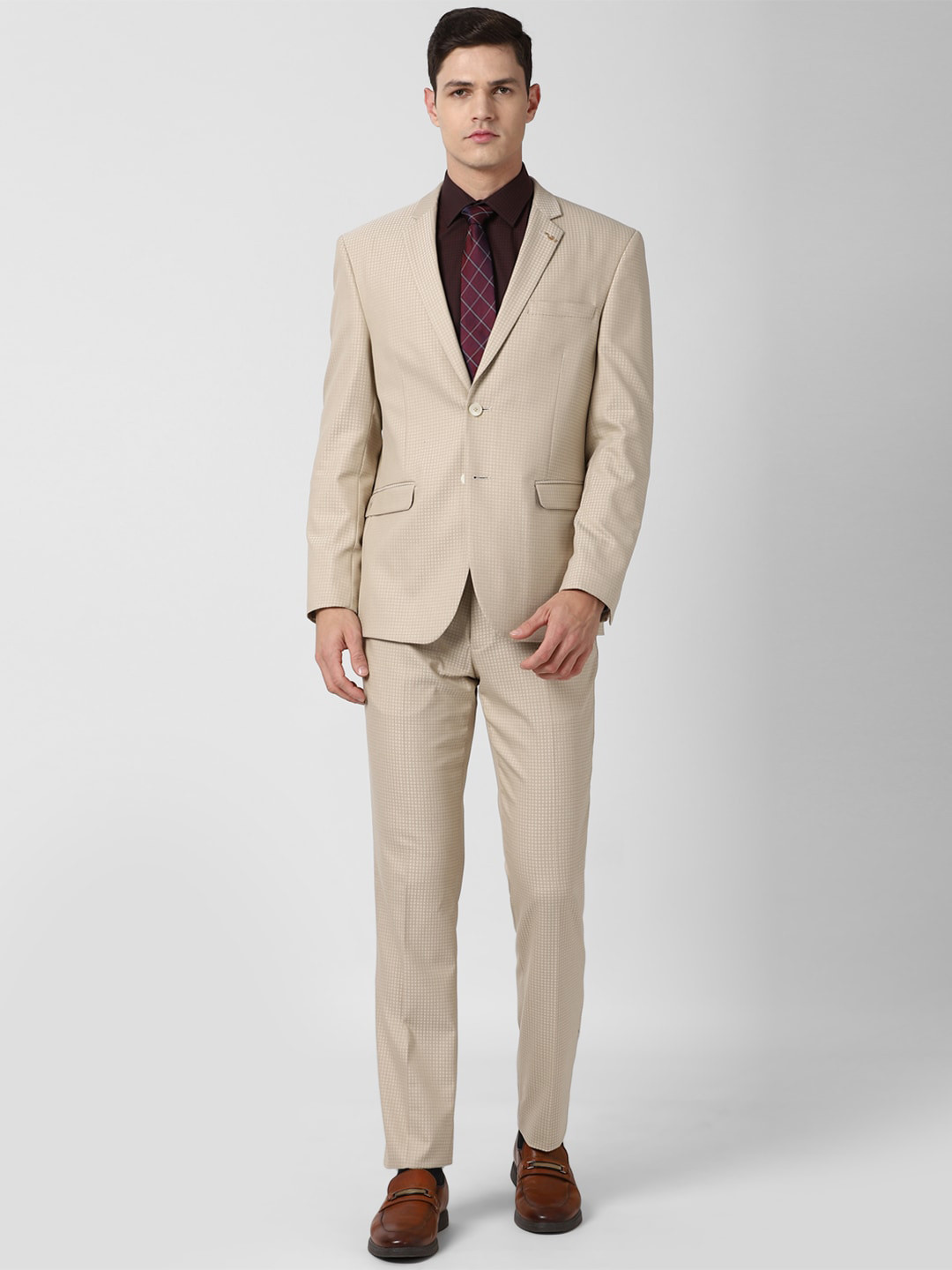 Buy Van Heusen Men Beige Checked Single Breasted Slim Fit Formal Suit ...