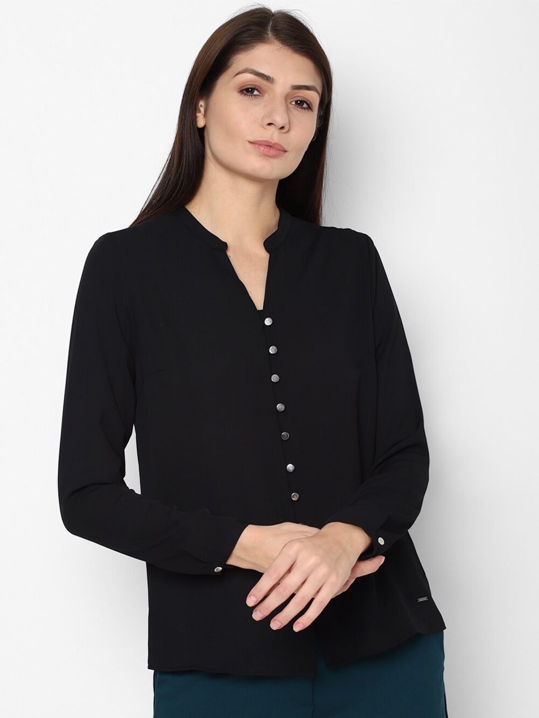 Buy Allen Solly Woman Blue Mandarin Collar Shirt Style Top Tops For