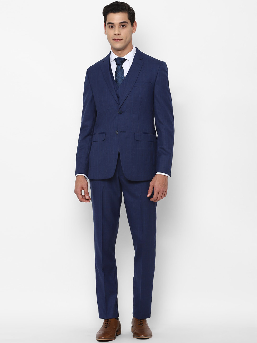 Buy Allen Solly Men Navy Blue Checked Single Breasted Slim Fit 3 Piece ...