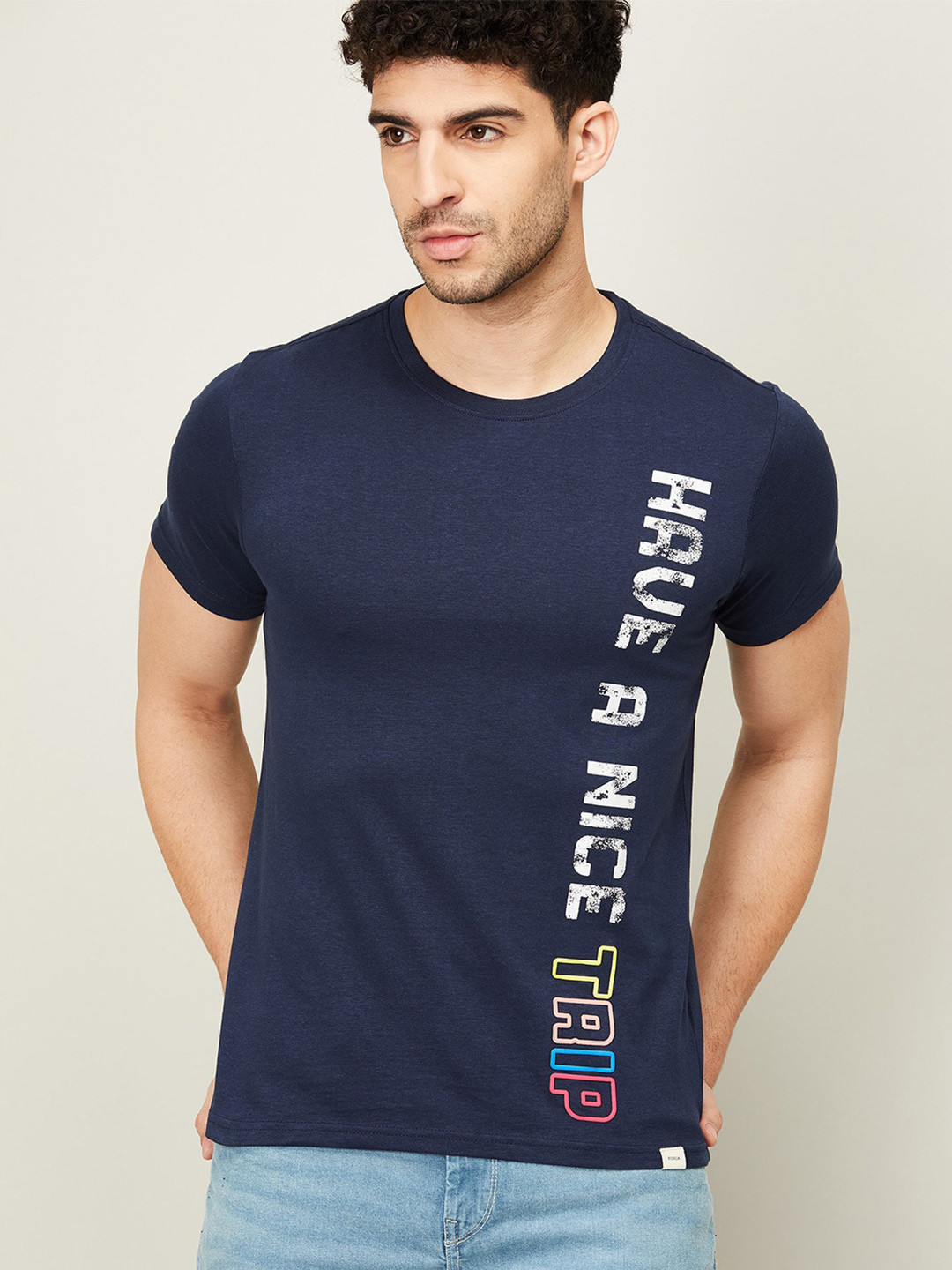 Buy Forca By Lifestyle Men Navy Blue Typography Printed Cotton T Shirt ...