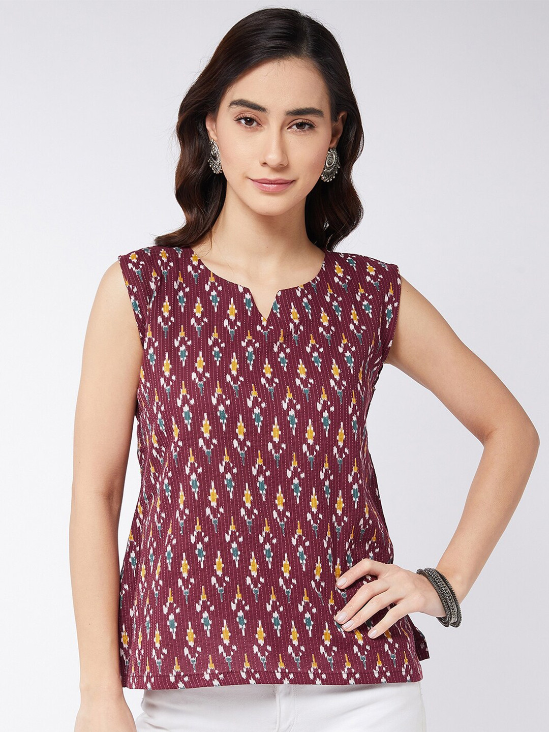 Buy InWeave Brown Ethnic Motifs Ikkat Design Pure Cotton Printed Top ...
