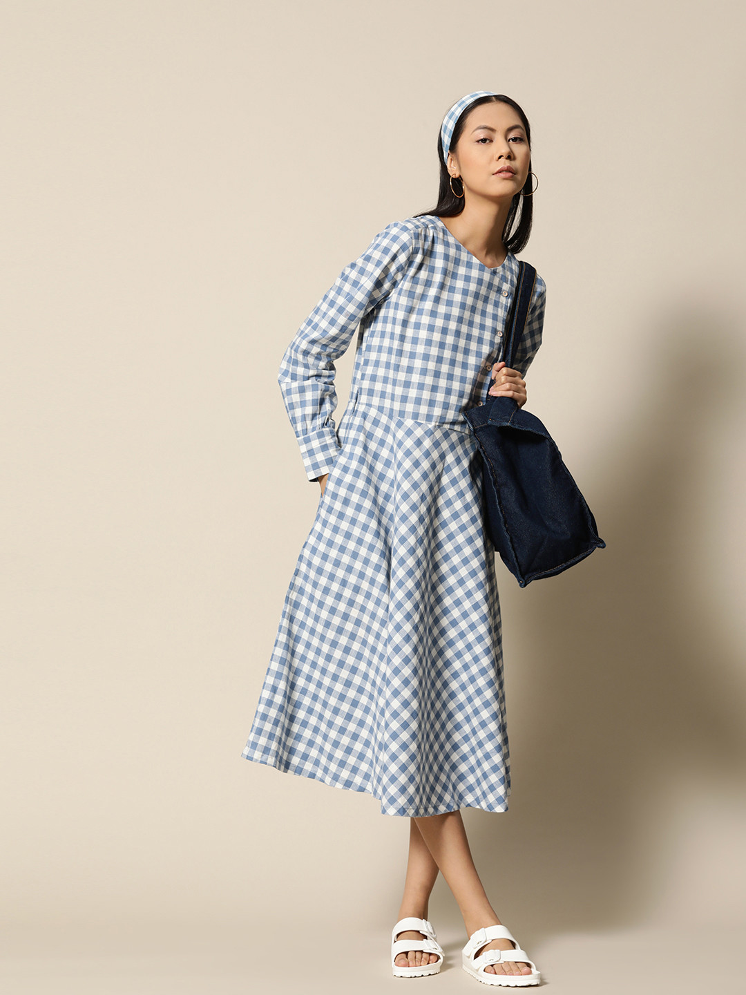 Buy BOWER Blue & White Checked Linen Cotton Midi A Line Dress - Dresses ...