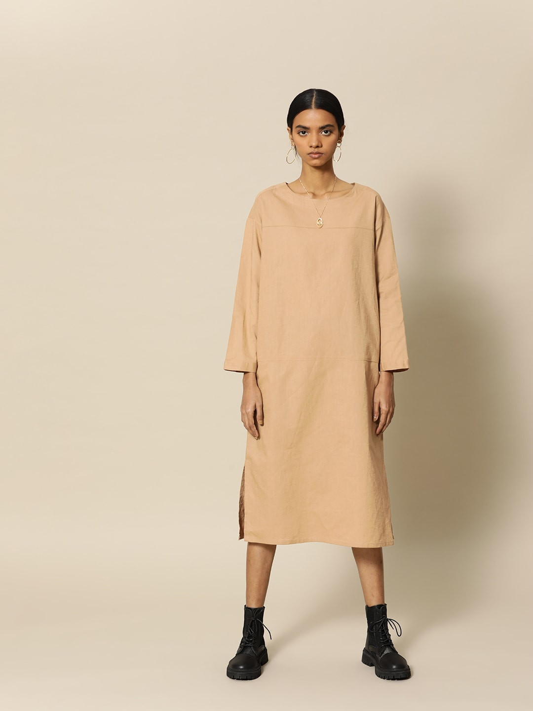 Buy BOWER Women Beige Solid A Line Panelled Cotton Linen Dress ...