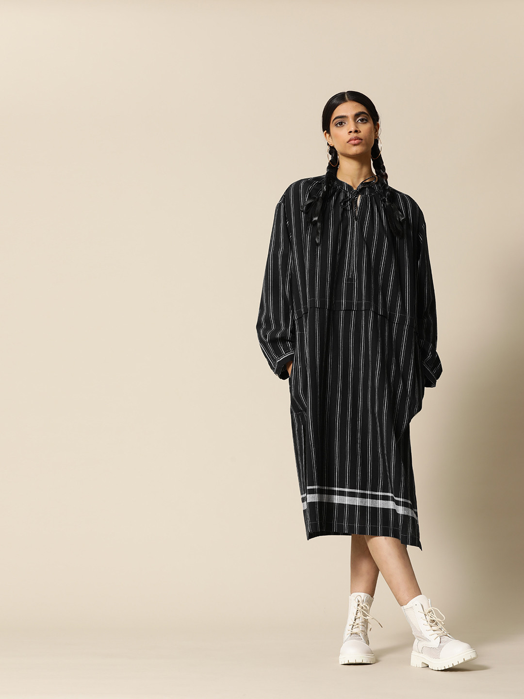 Buy BOWER Black & White Pure Cotton Striped Tie Up Neck A Line Midi ...