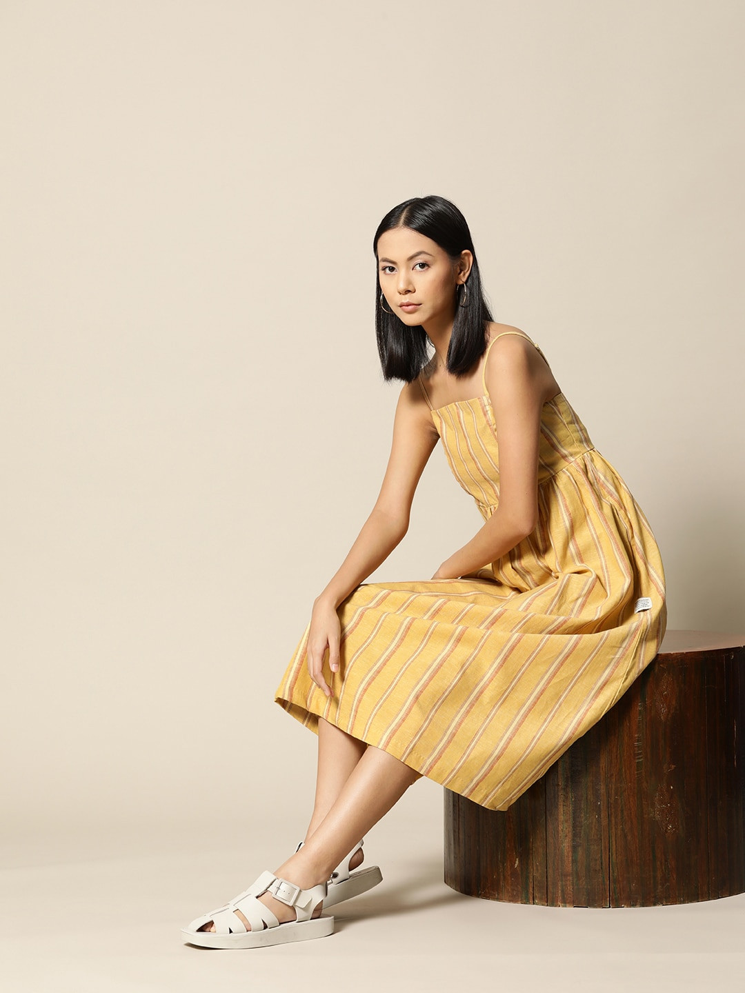 Buy BOWER Mustard Yellow & Brown Striped Linen Cotton A Line Midi Dress ...