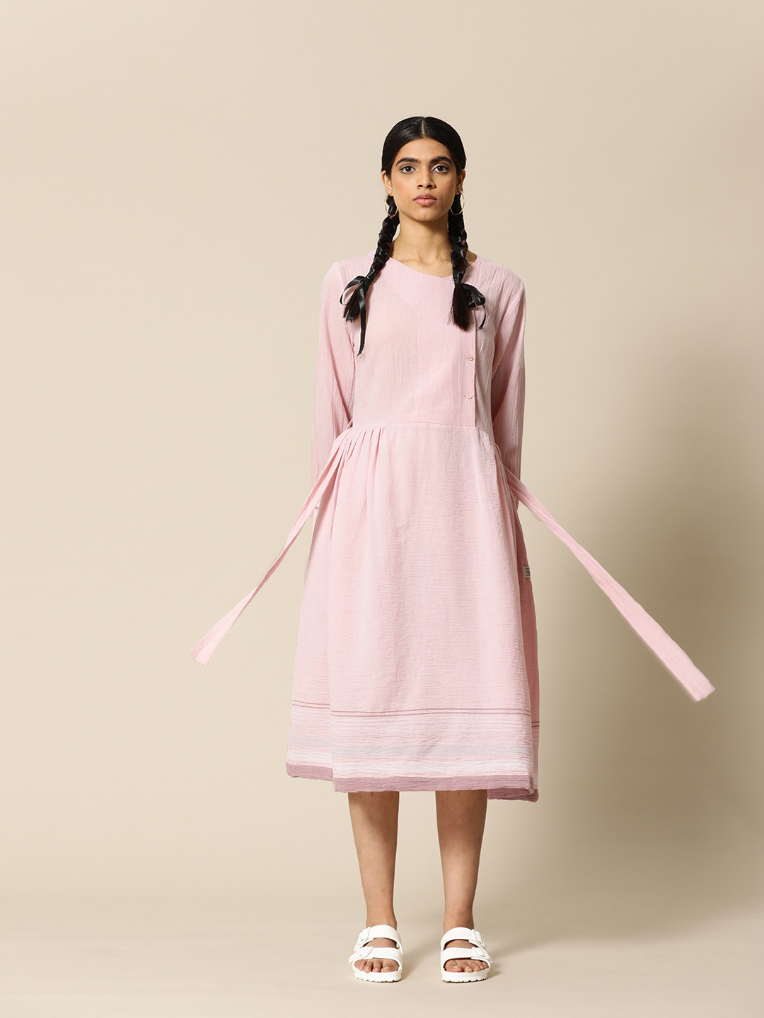 Buy BOWER Pink Pure Woven Cotton Striped Detail A Line Midi Dress With ...