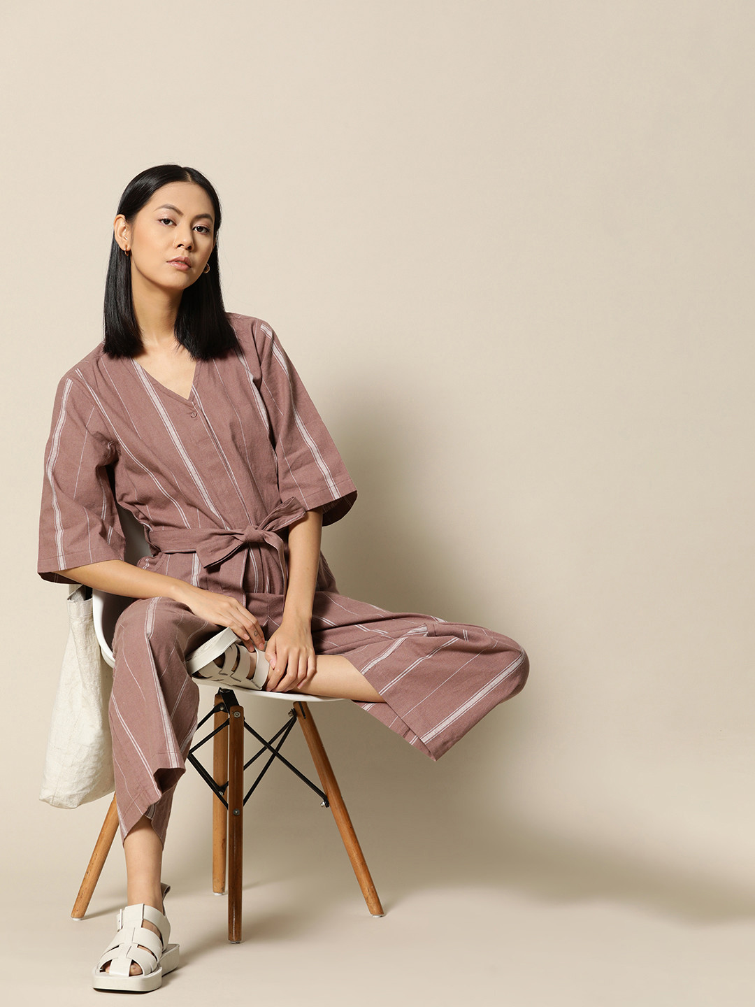 Buy BOWER Mauve & White Linen Cotton Striped Basic Jumpsuit With Belt ...