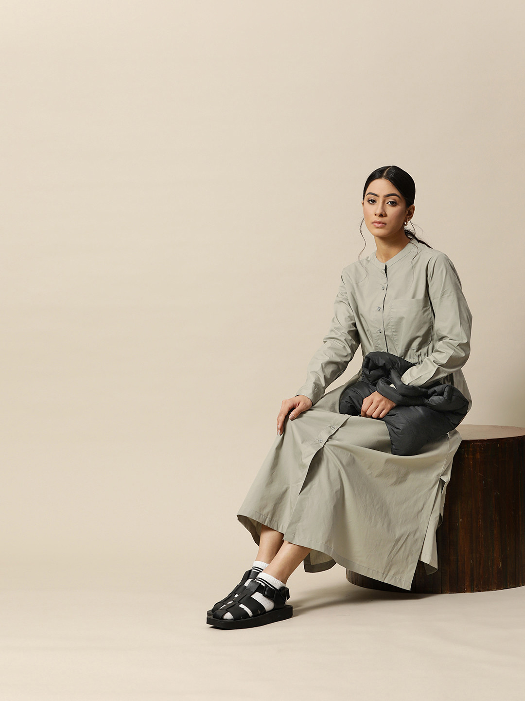 Buy BOWER Olive Pure Cotton A Line Midi Dress With Pockets & Adjustable ...