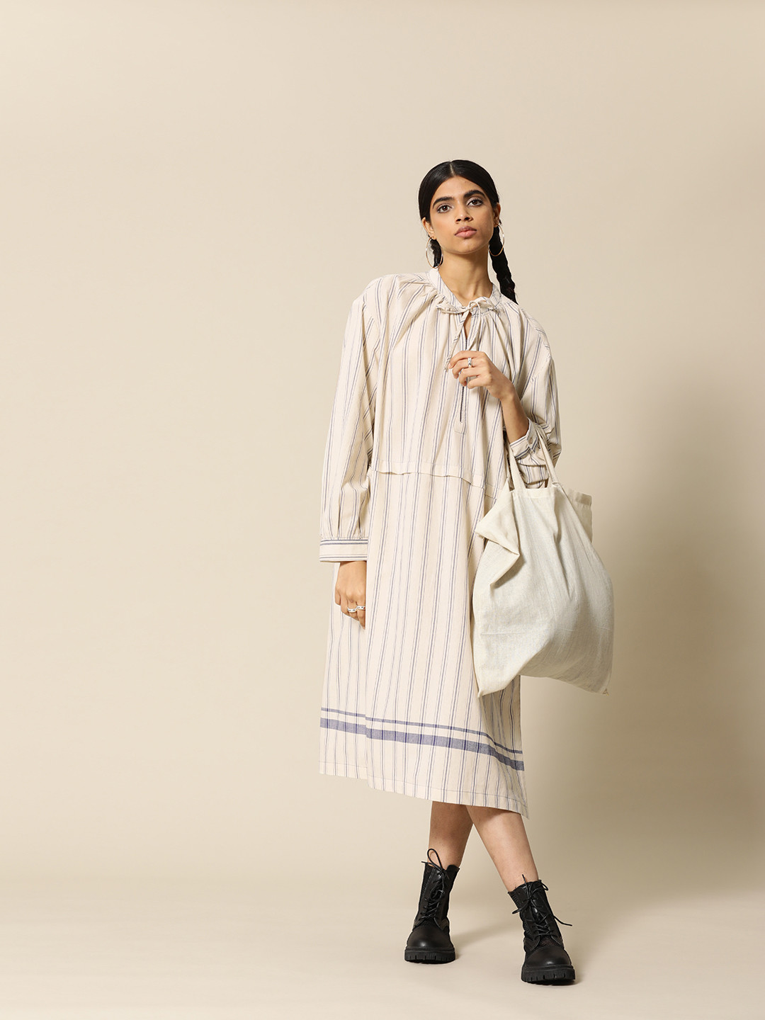 Buy BOWER Off White & Blue Pure Cotton Striped Tie Up Neck A Line Midi ...