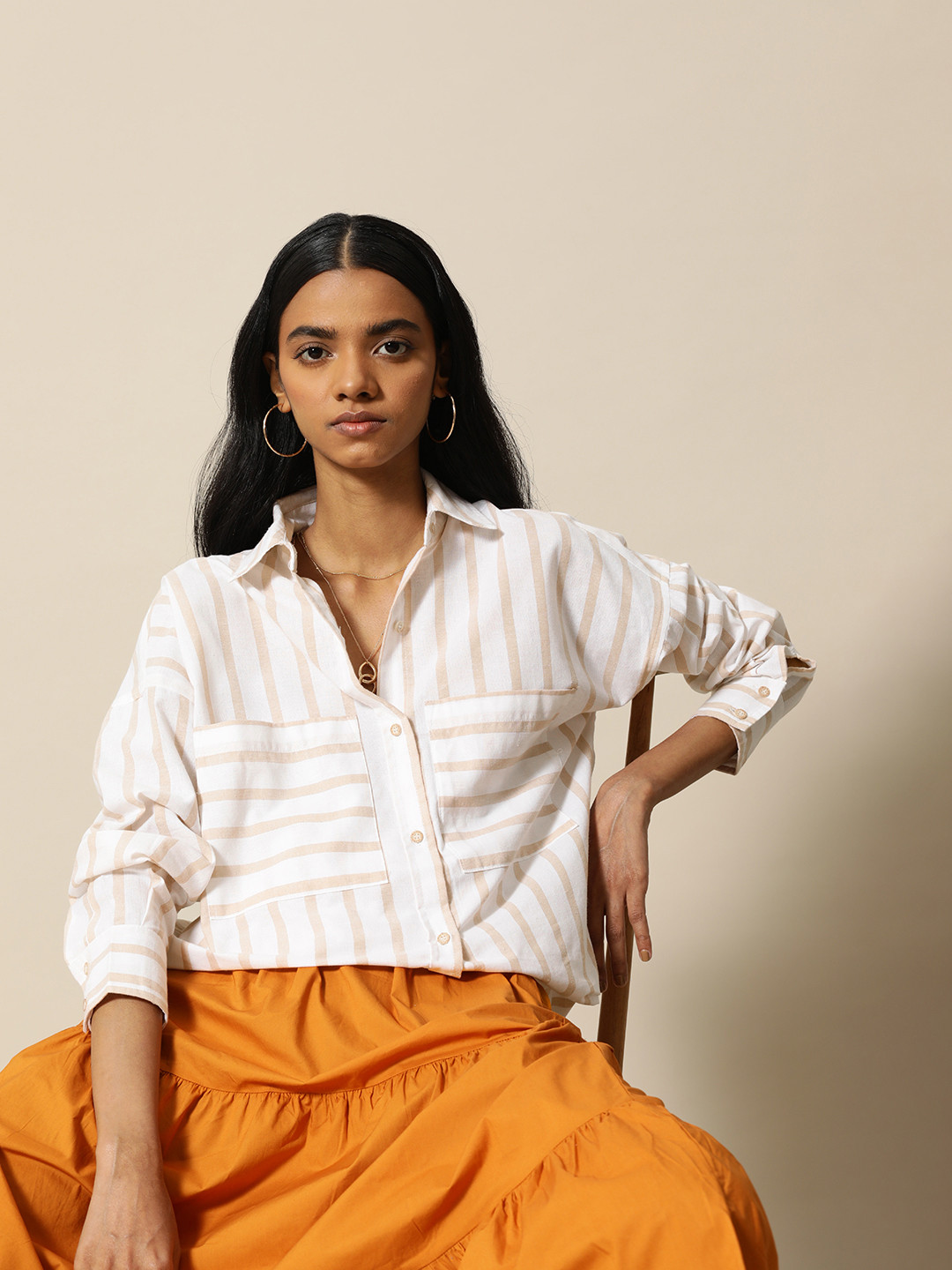 Buy BOWER Women White & Beige Striped Woven Cotton Casual Shirt With ...