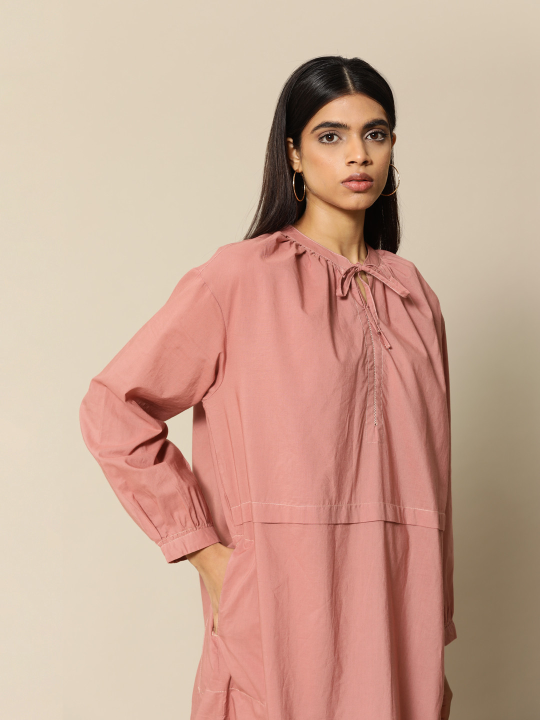 Buy BOWER Pink Pure Cotton Tie Up Neck A Line Midi Dress With Stitch ...