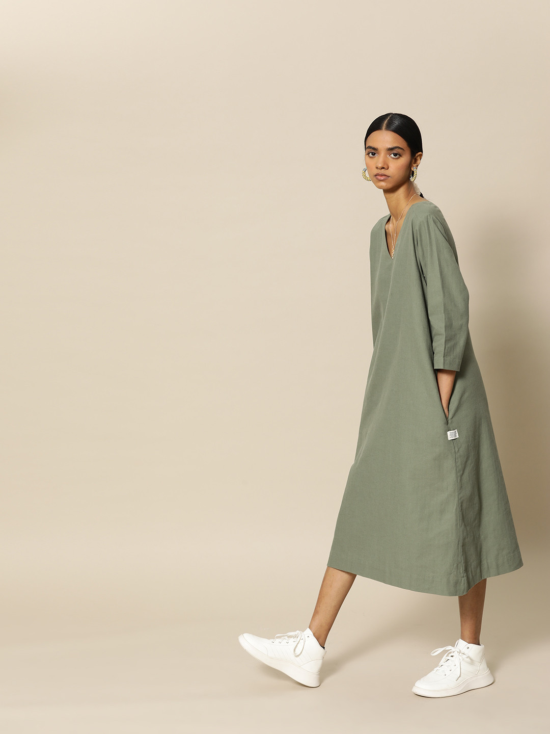 Buy BOWER Olive Green Solid Cotton Linen A Line Dress With Pockets ...