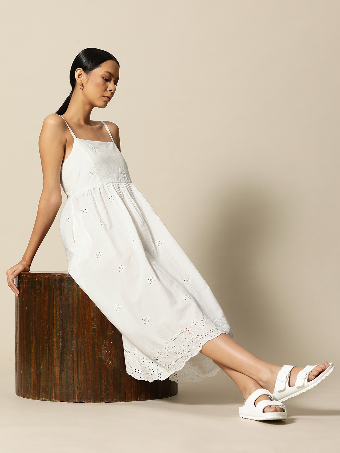 Buy BOWER Off White Pure Cotton Schiffli Embroidered A Line Midi Dress ...