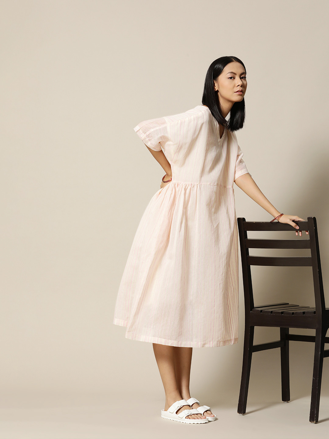 Buy BOWER Off White & Pink Striped Cotton Silk Midi A Line Dress ...