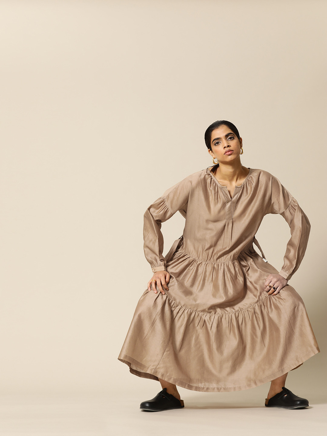 Buy BOWER Beige A Line Chanderi Silk Midi Tiered Dress With Pockets And ...