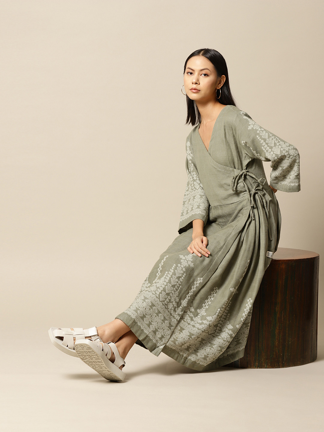 Buy BOWER Olive Green & White Premium Cotton Ethnic Motifs Wrap Dress ...